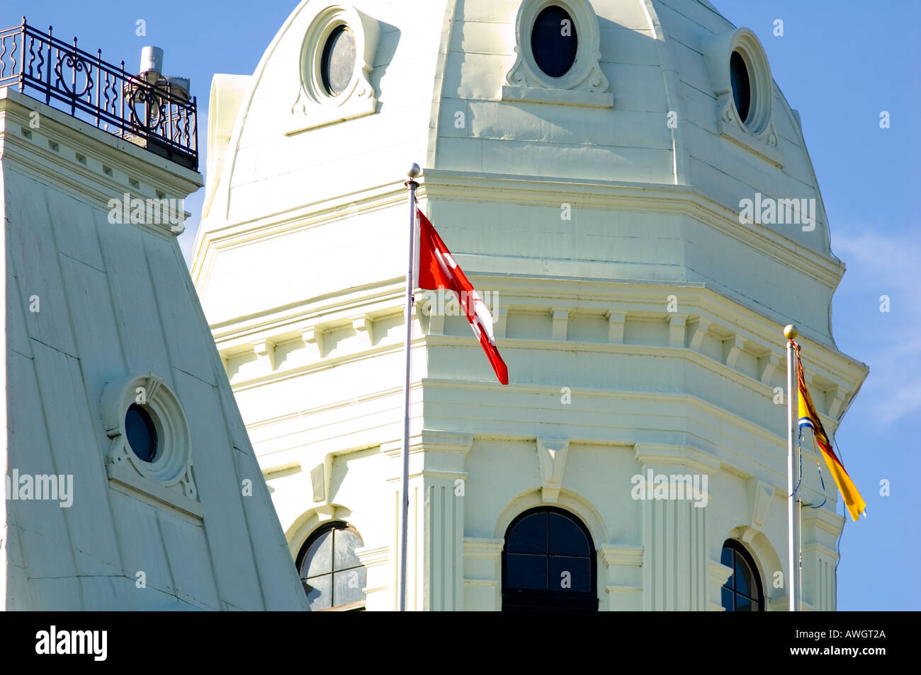 New Brunswick Legislature cupola and centre piece with flags ...