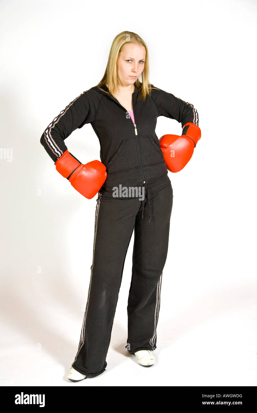 A woman boxer wearing a black track suit Stock Photo - Alamy