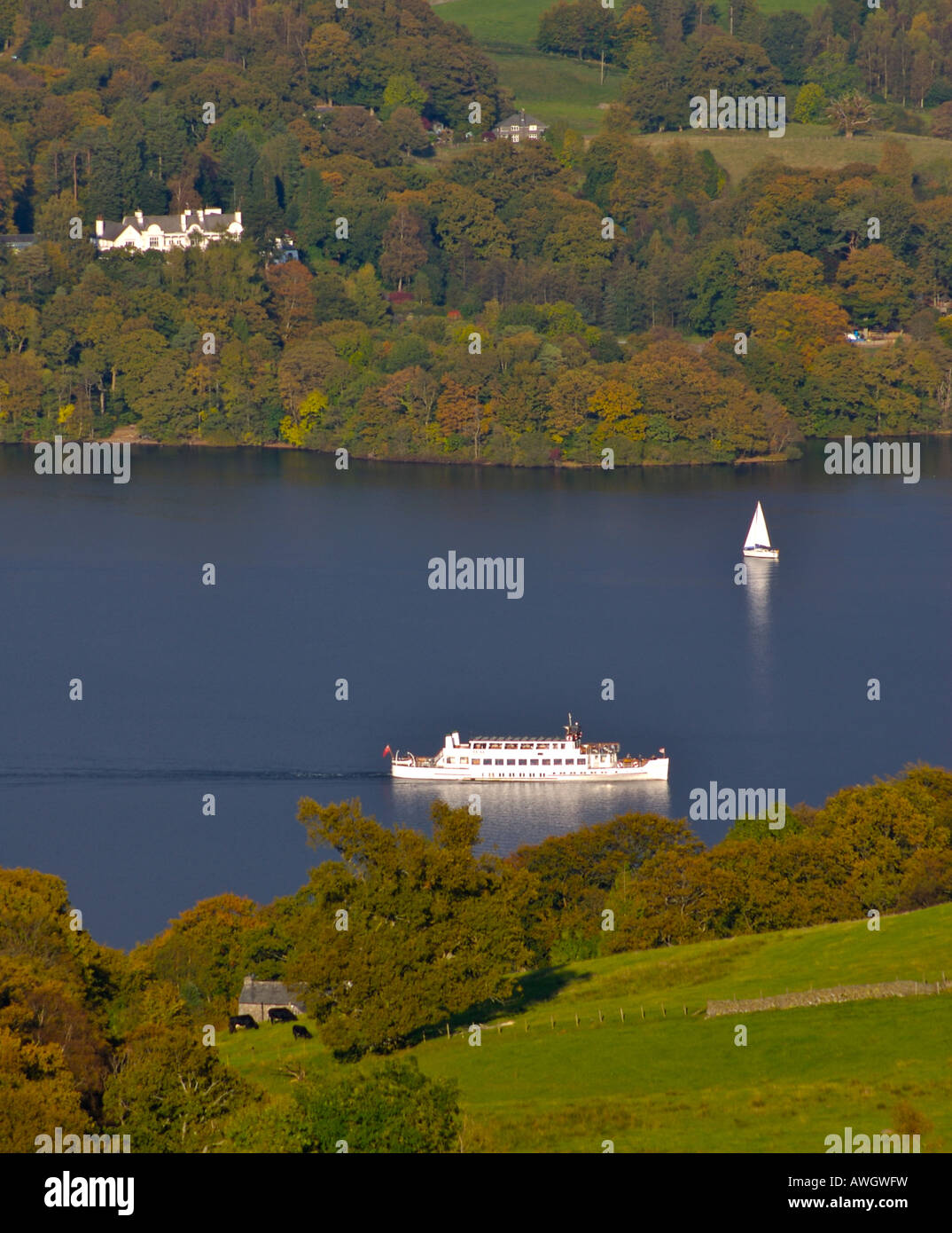 Passenger steamer and yacht on Lake Windermere, from viewpoint of ...