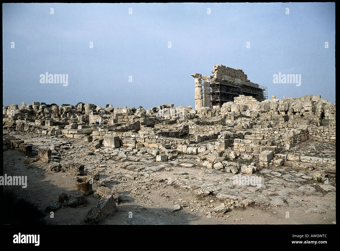 Italy, Sicily, Selinunte, Temple C, remains of walls and columns of ...