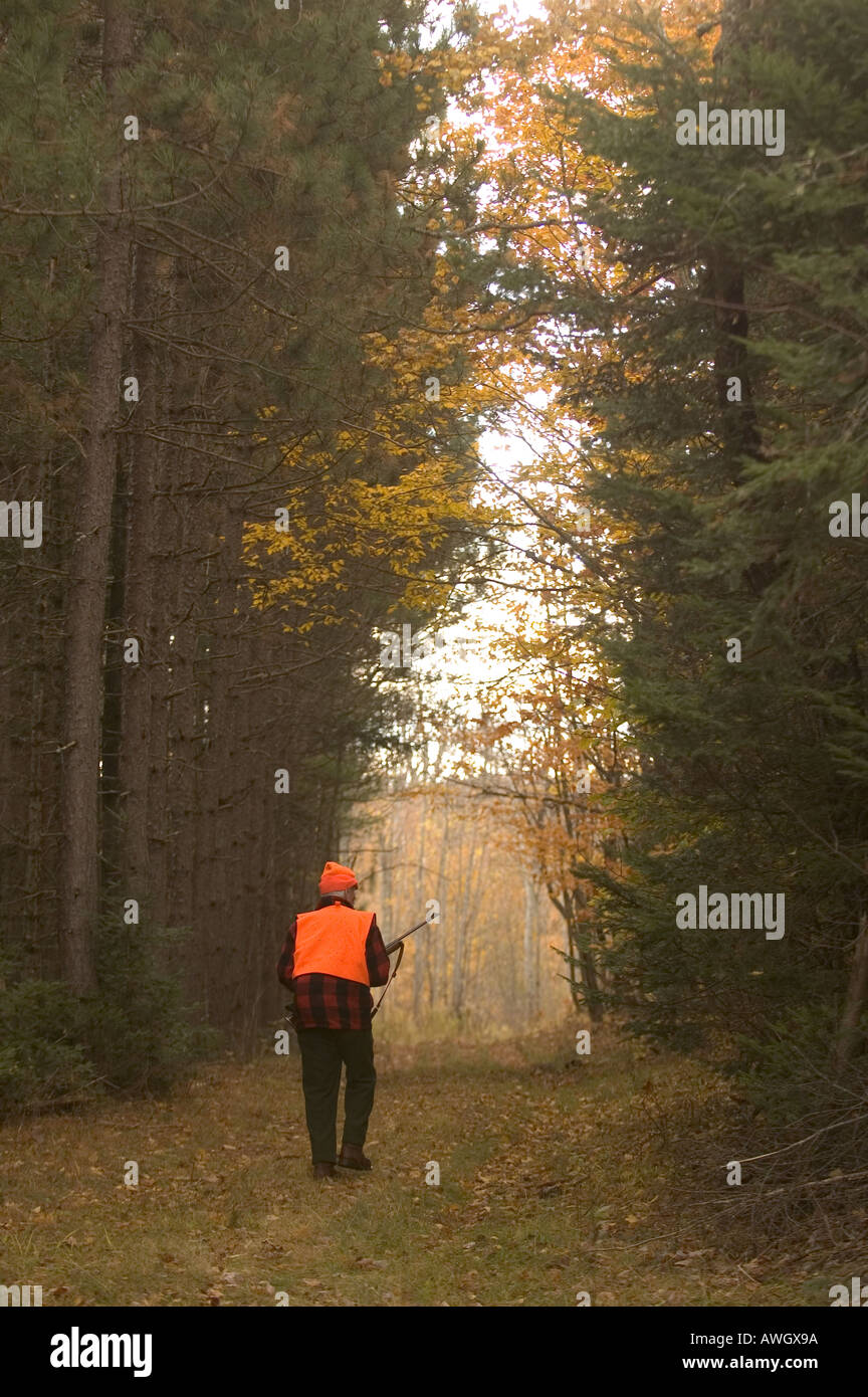 A deer hunter makes his way along a remote road in Maine during the ...