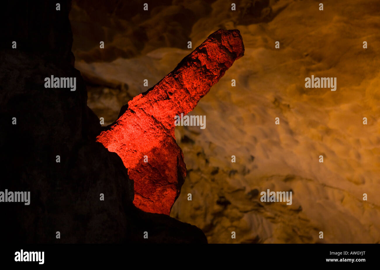 A phallic outcropping of LIMESTONE hugs the wall inside THIEN CUNG CAVE ...