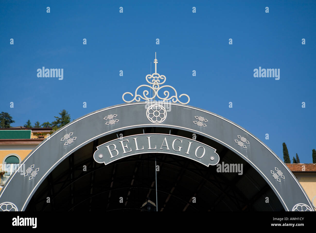 Entrance sign for the Lake Como village of Bellagio on canopy at the ...