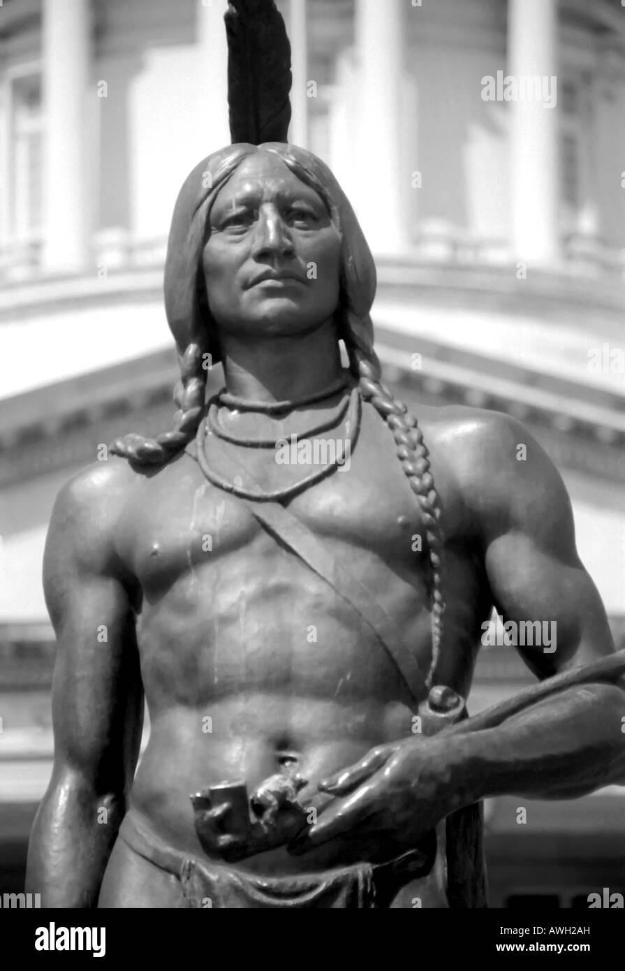A close view of a noble & dignified statue of a native American indian ...