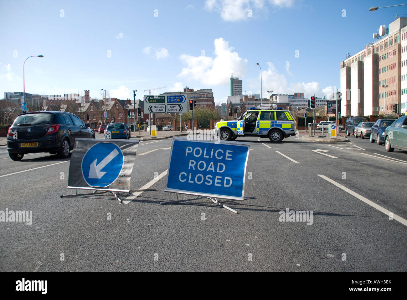Police "Road Closed" signs diverting traffic from Belfast city centre ...