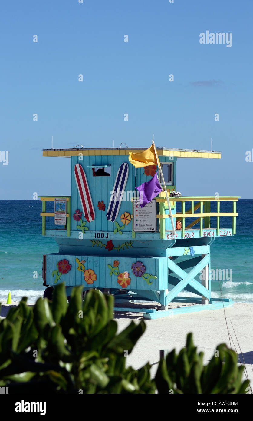 Colourful lifeguard station on Miami beach with blue sky and clear blue ...