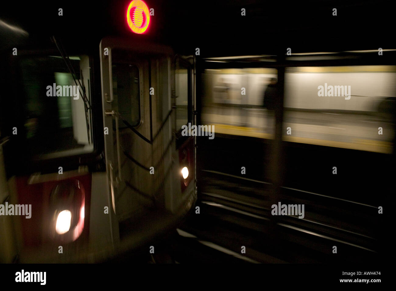front of New York City subway train arrives in station USA January 2005 ...