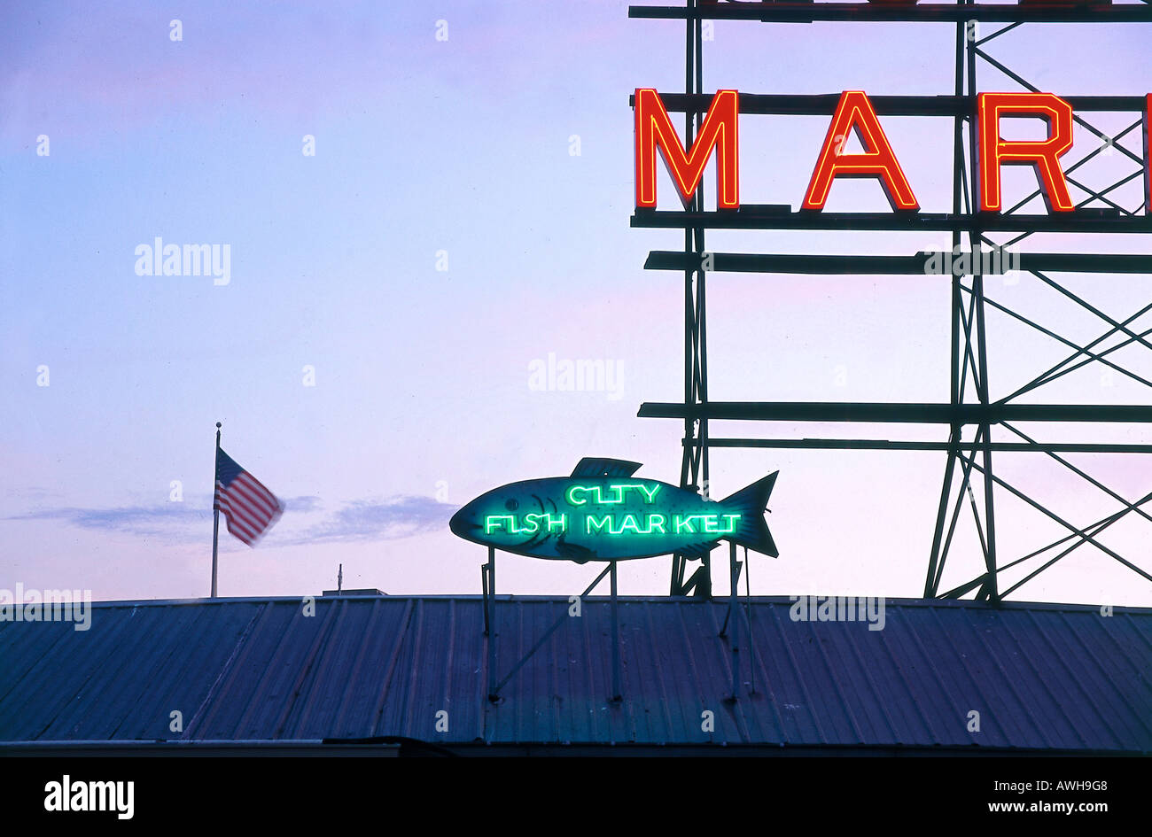 Lit neon sign above roof hi-res stock photography and images - Alamy