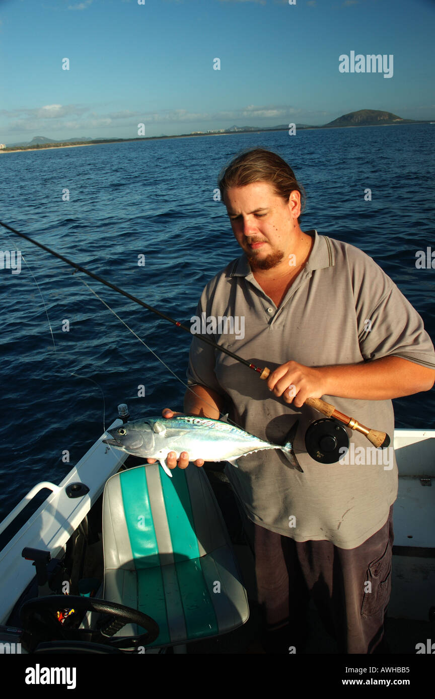 Tim takes his first Mack tuna on Fly Maroochydore Queensland Australia ...