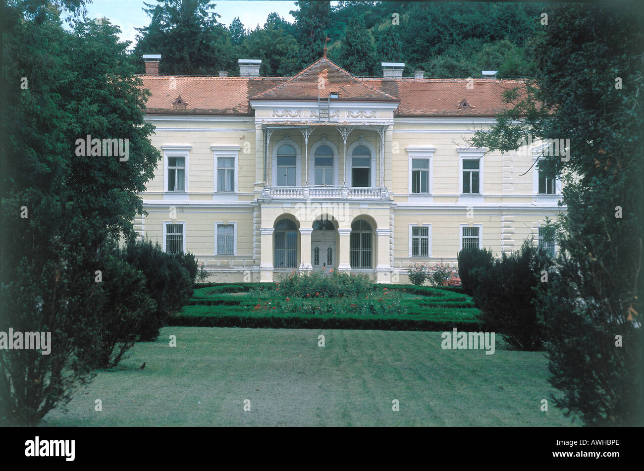 Croatia, Central Croatia, pastel facade of large, two-storey castle ...
