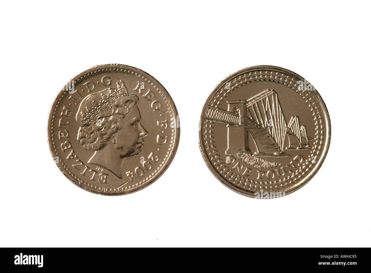 2004 GBP UK one pound coin with the Forth Bridge in Scotland Stock ...