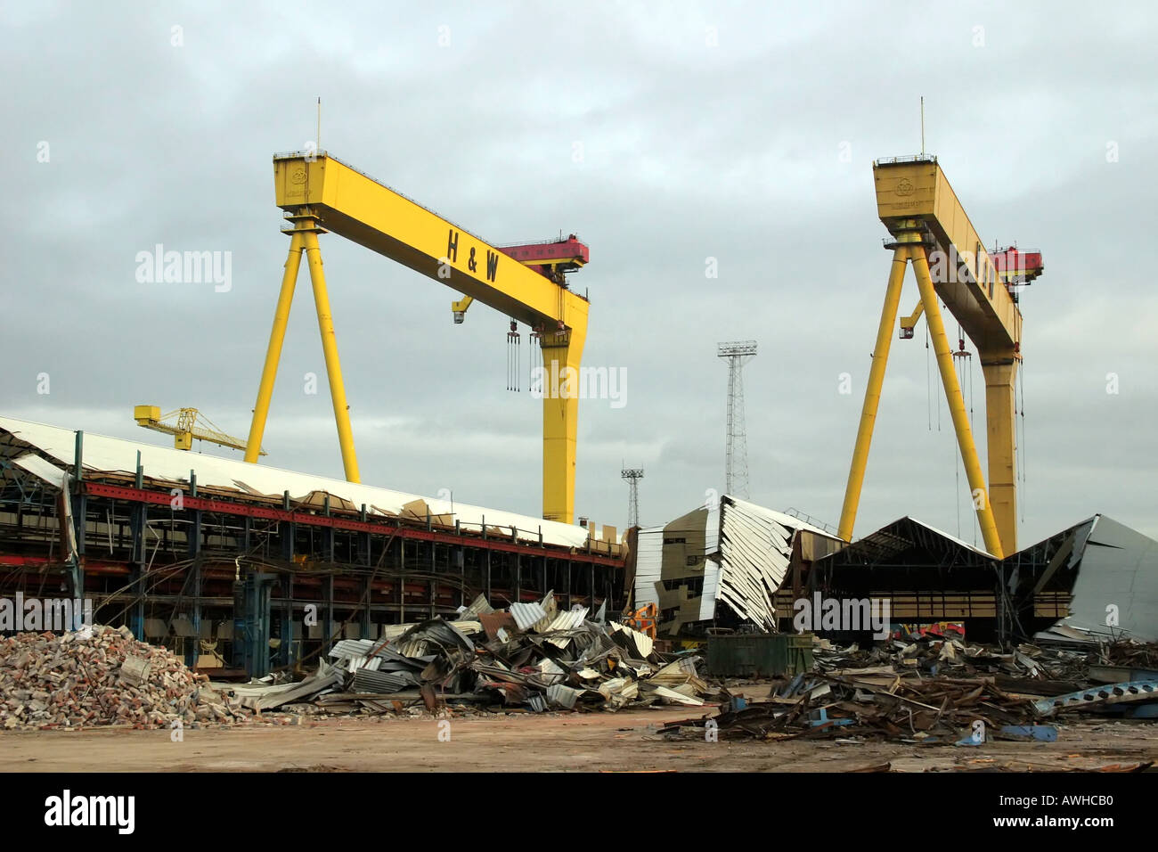 Samson and Goliath cranes in the old Harland and Wolff shipyard, while ...