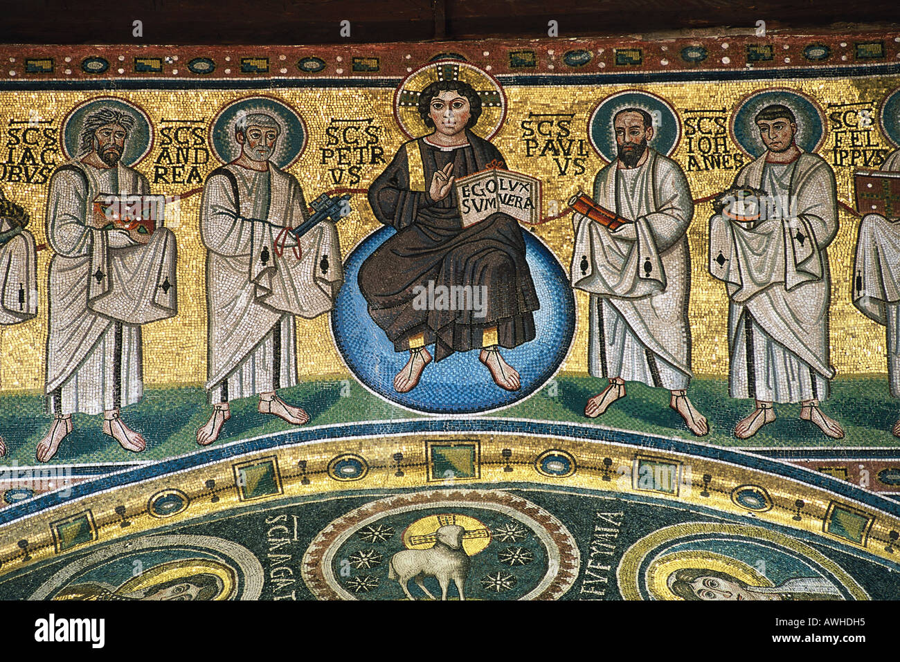 Byzantine apse mosaic on triumphal arch depicting christ the apostles ...