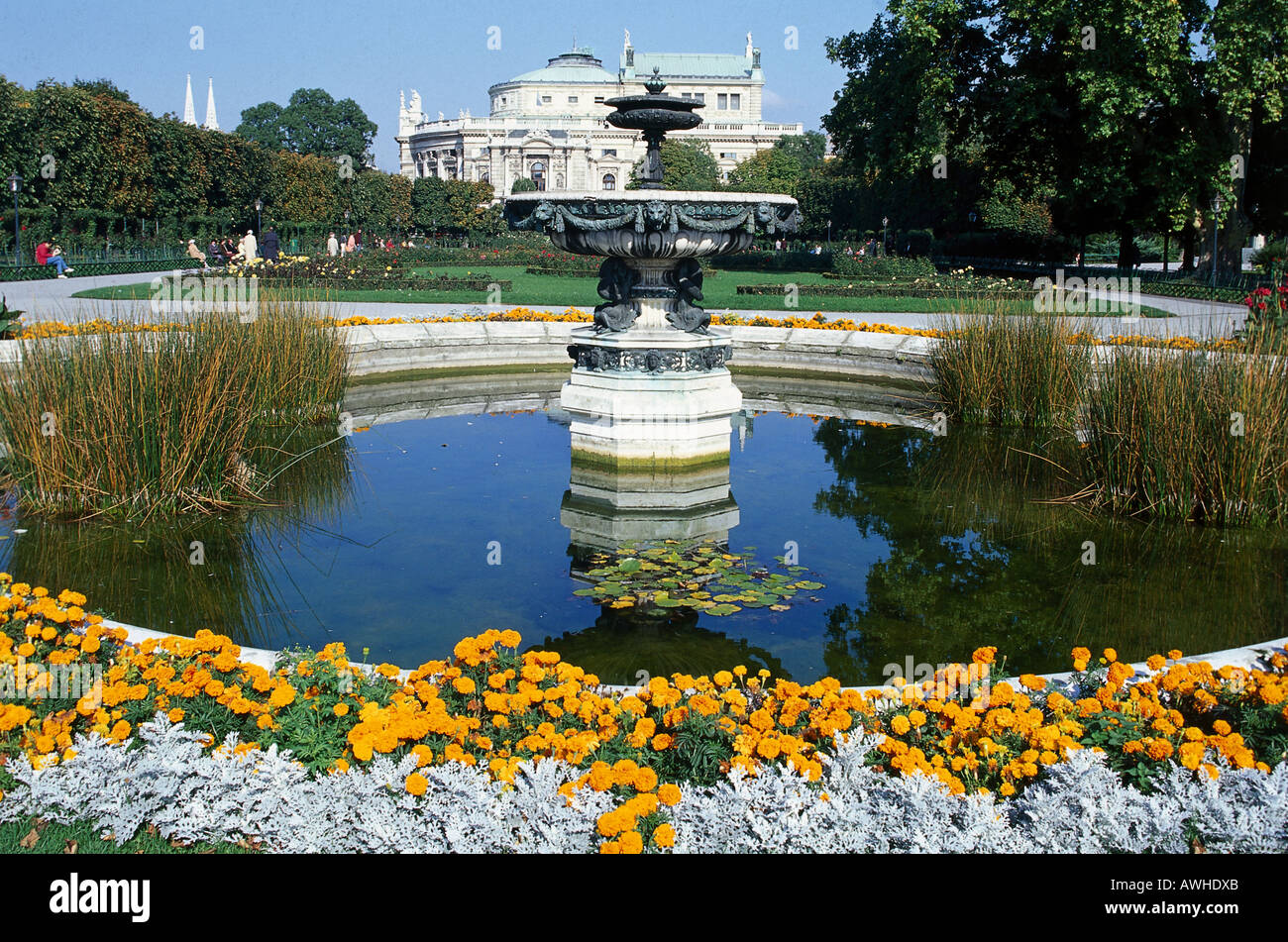 Formal rose garden in the Volksgarten, Vienna, with pond and fountain ...