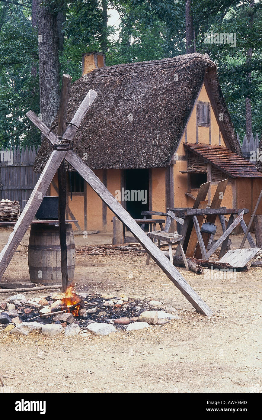 A re-created fort, with thatched roof, in Jamestown Stock Photo - Alamy