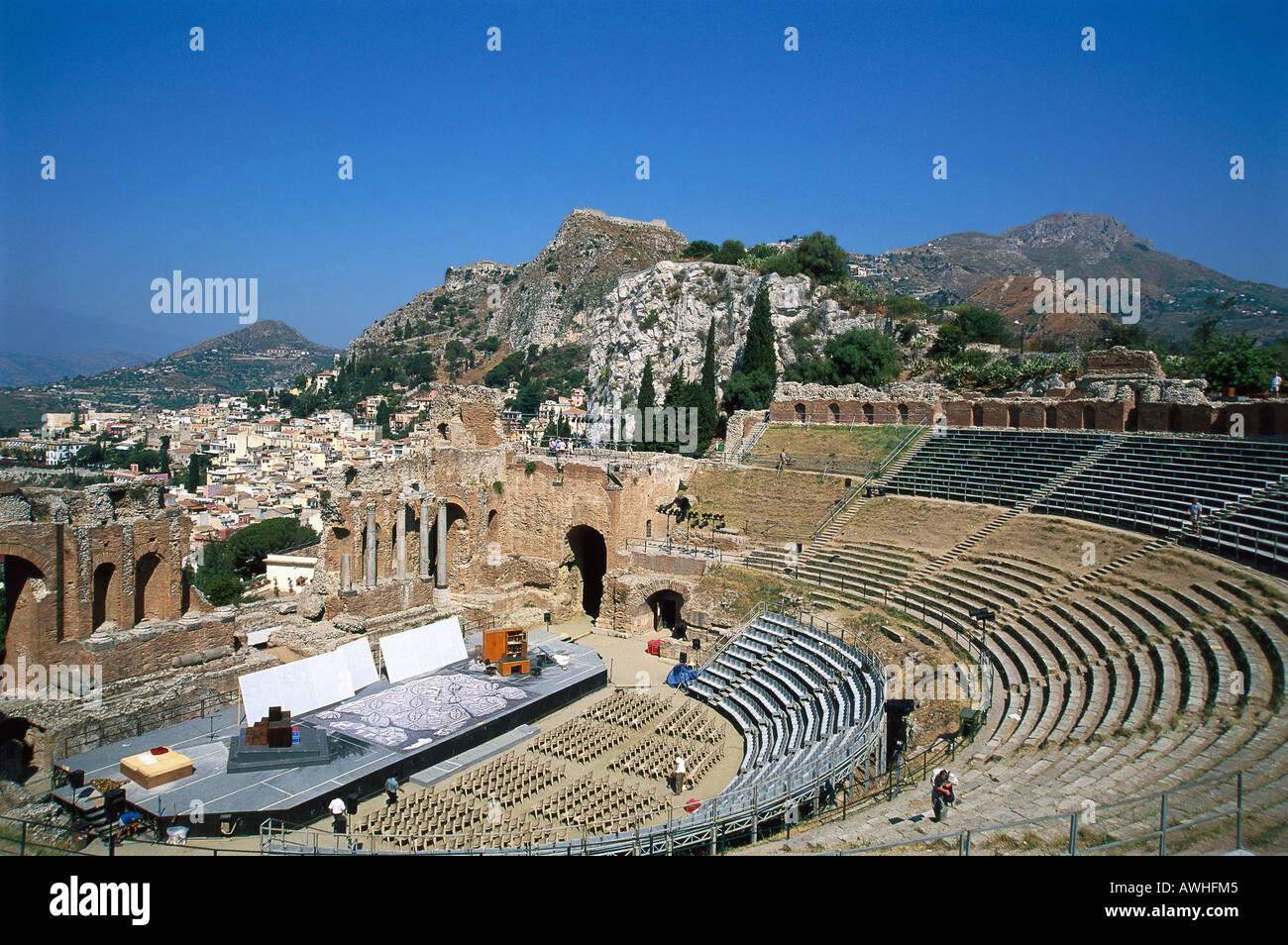 Italy, Sicily, Monte Tauro, Taormina, remains of walls, niches and ...