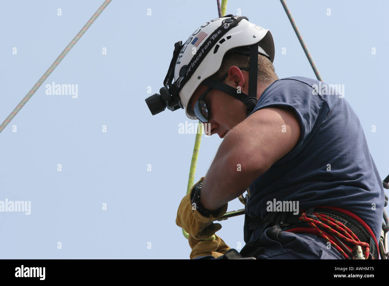 Wauwatosa Fire Department fire fighter climbing arial ropes Stock Photo ...