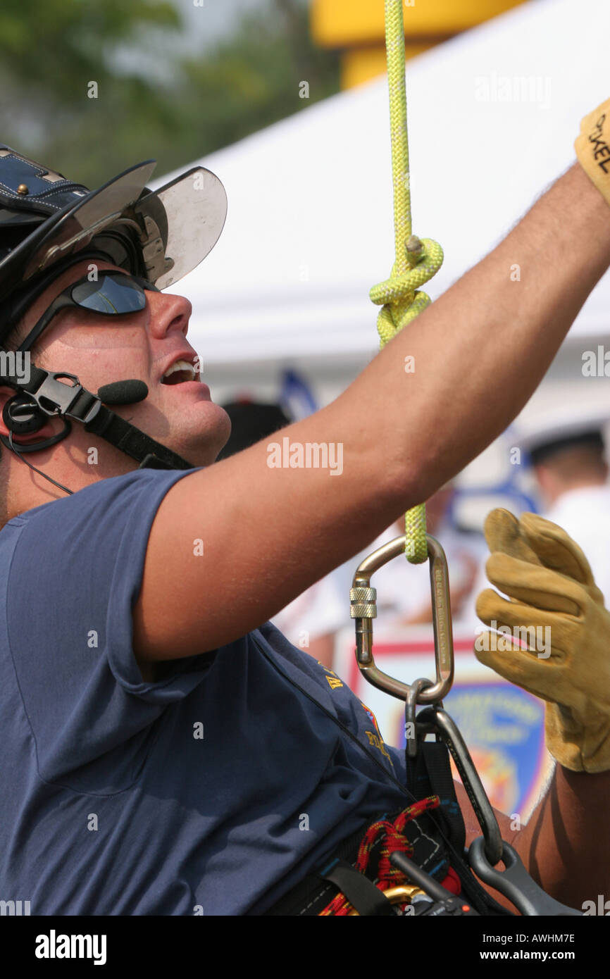 Wauwatosa Fire Department fire fighter getting ready to climb the arial ...