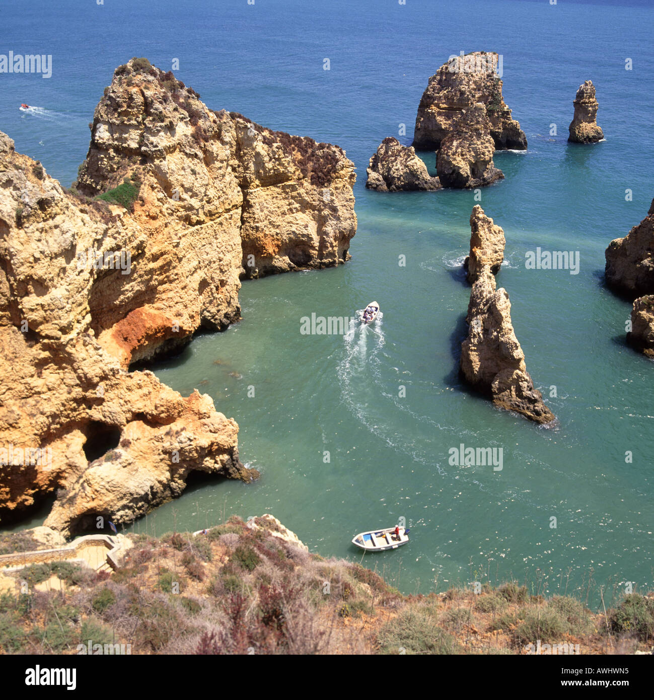 Looking down from high above aerial view Portuguese rocks seascape ...