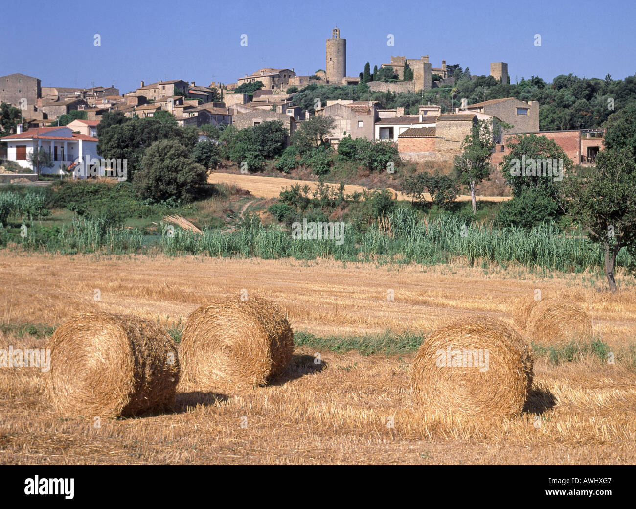 Farming landscape near Pals in Costa Brava with farmers round straw ...