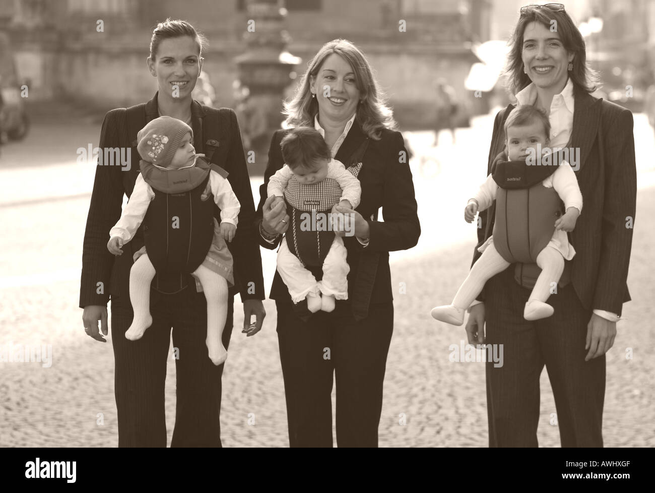 Three business women with their babies going to work manager executive ...