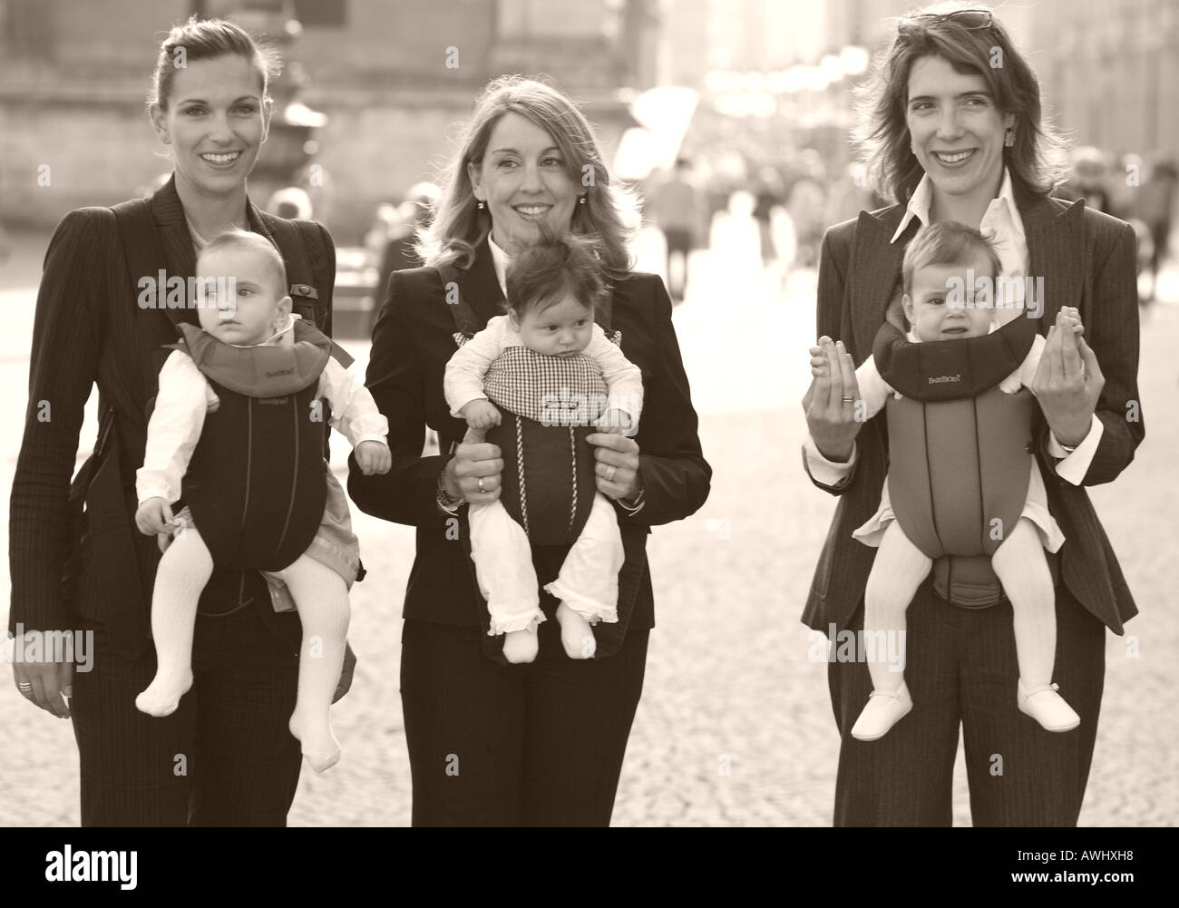 Three business women with their babies going to work manager executive ...