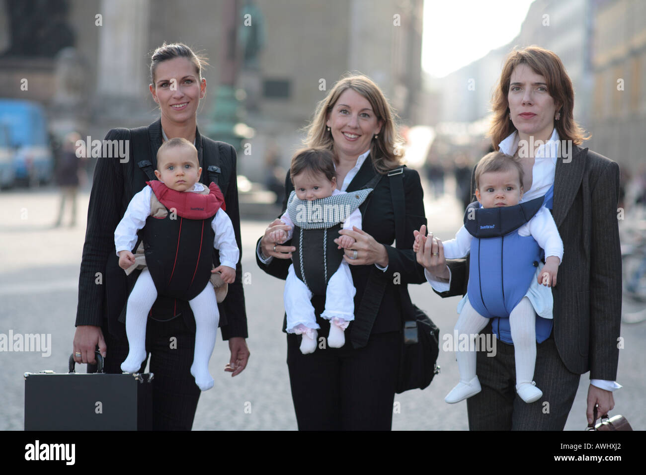 Three business women with their babies going to work manager executive ...