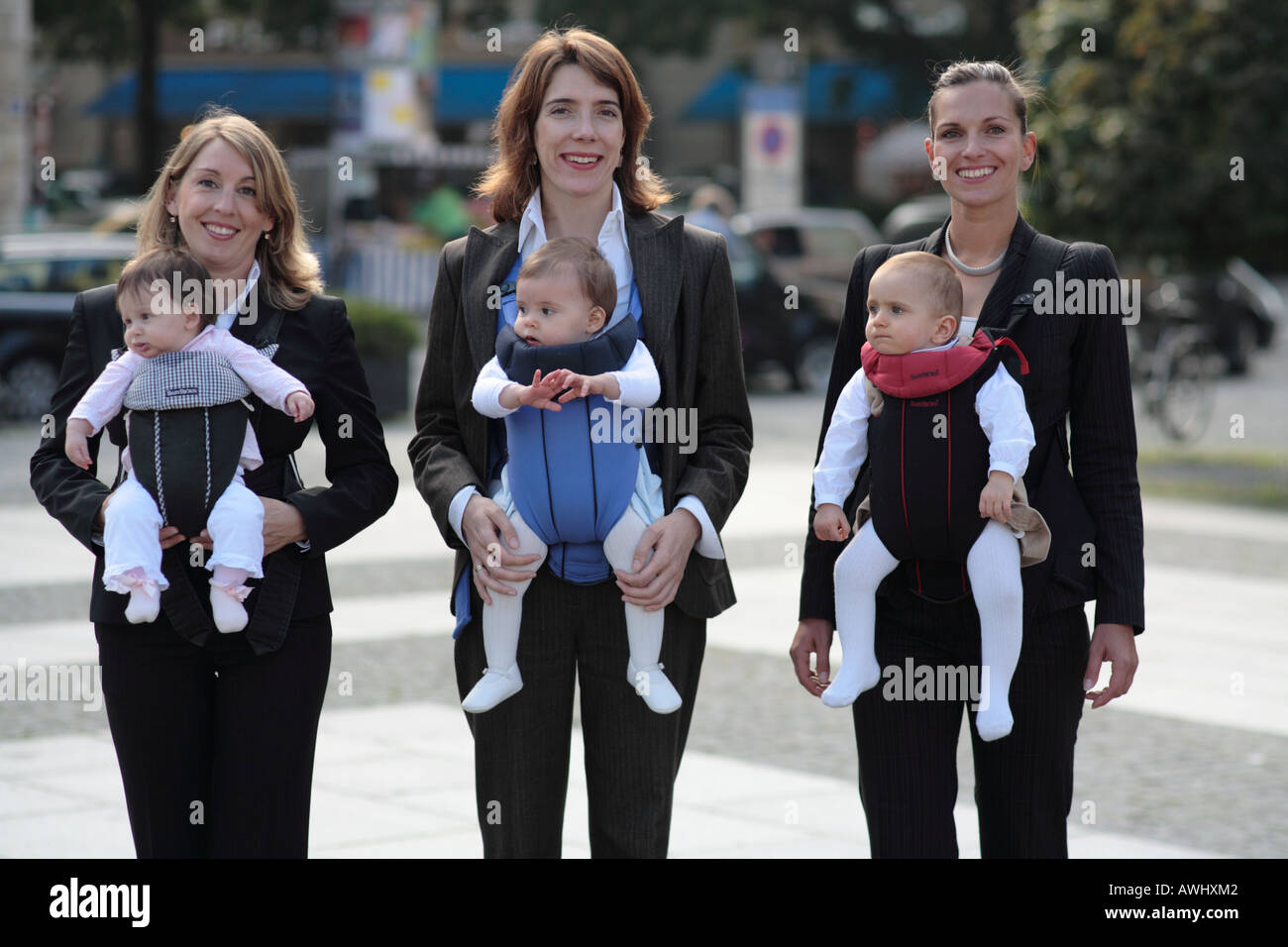 Three business women with their babies going to work manager executive ...