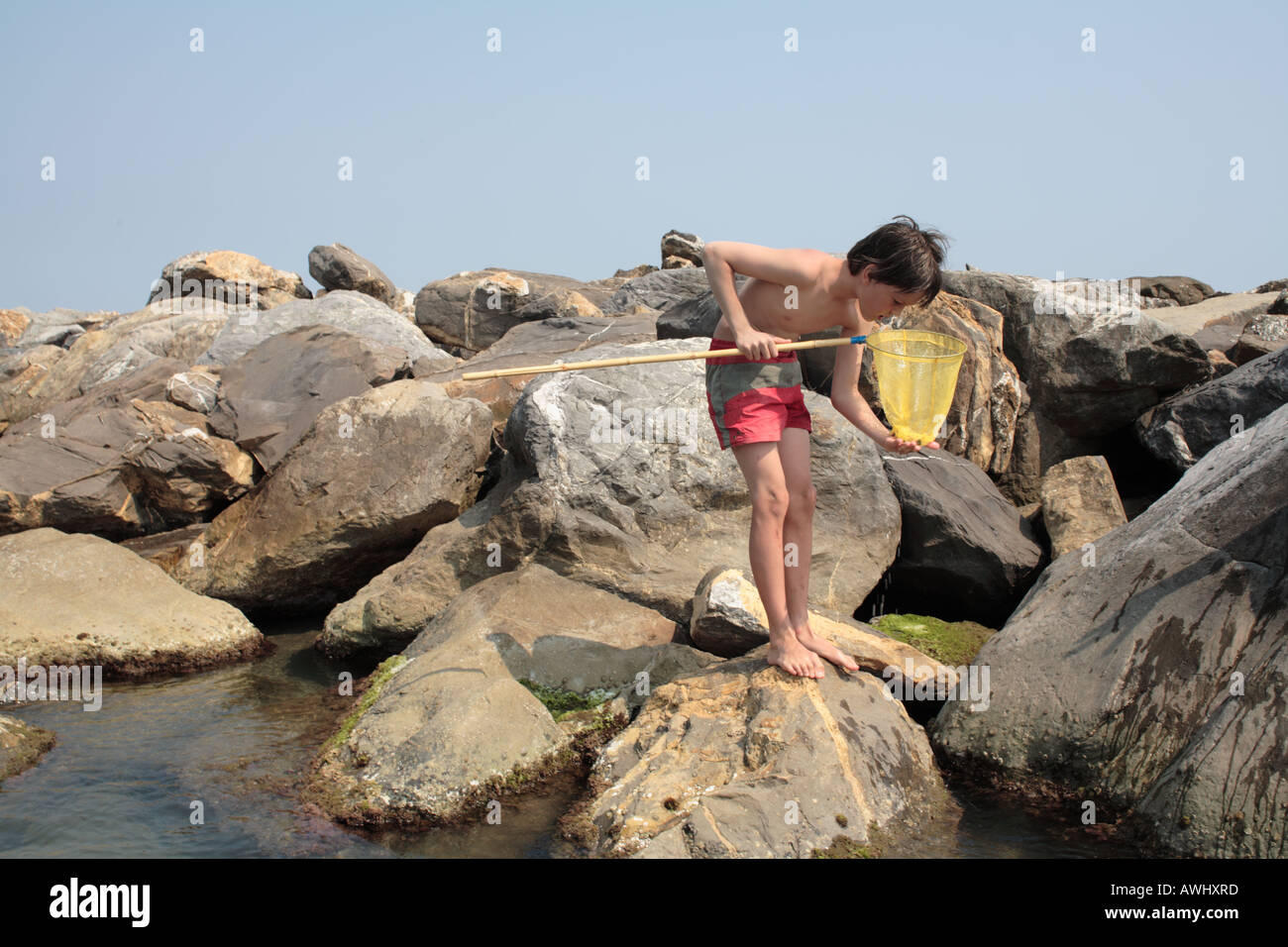 boy playing between rocks at beach Stock Photo - Alamy