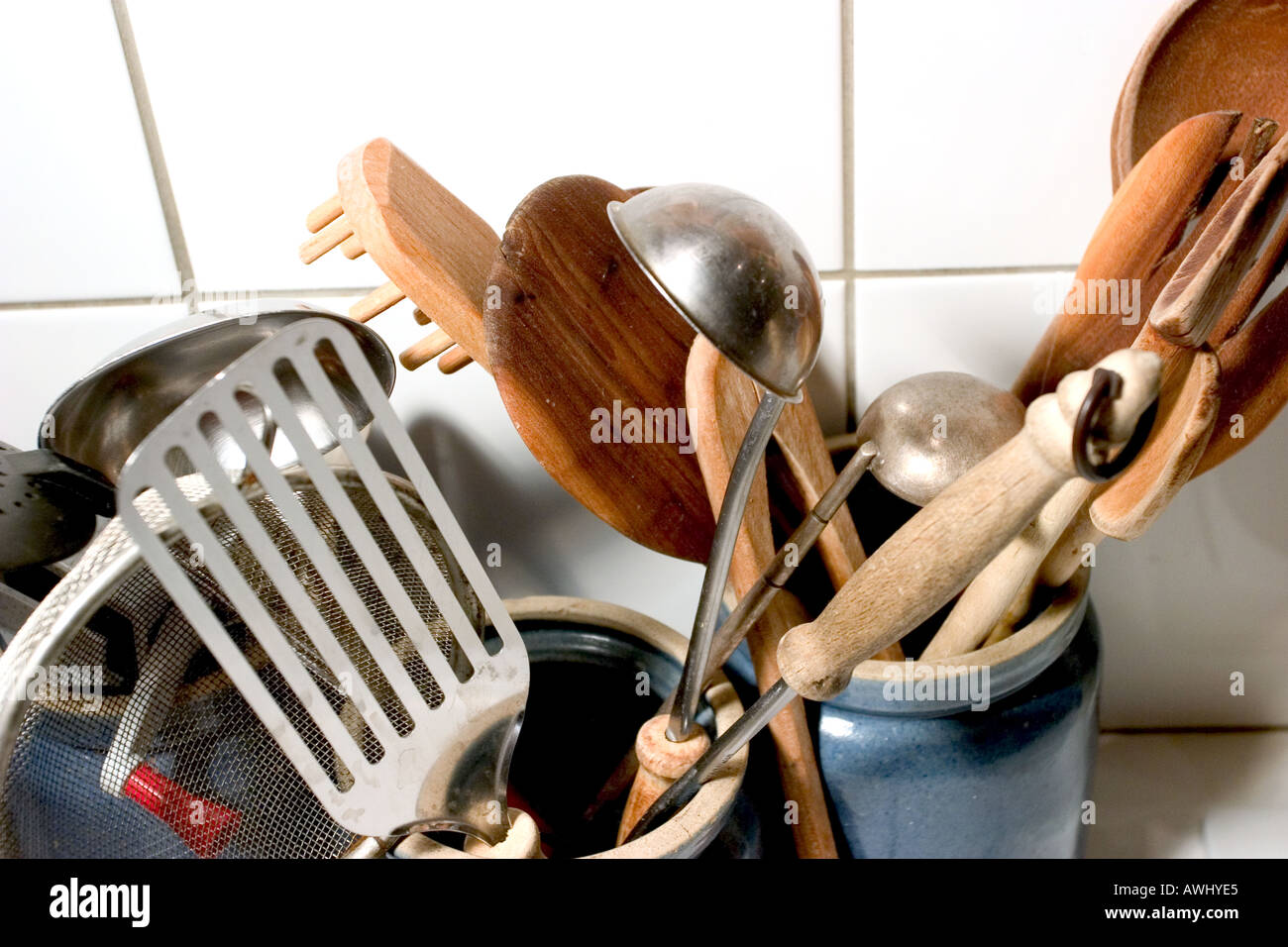 kitchen utensils on the work surfaces Stock Photo - Alamy
