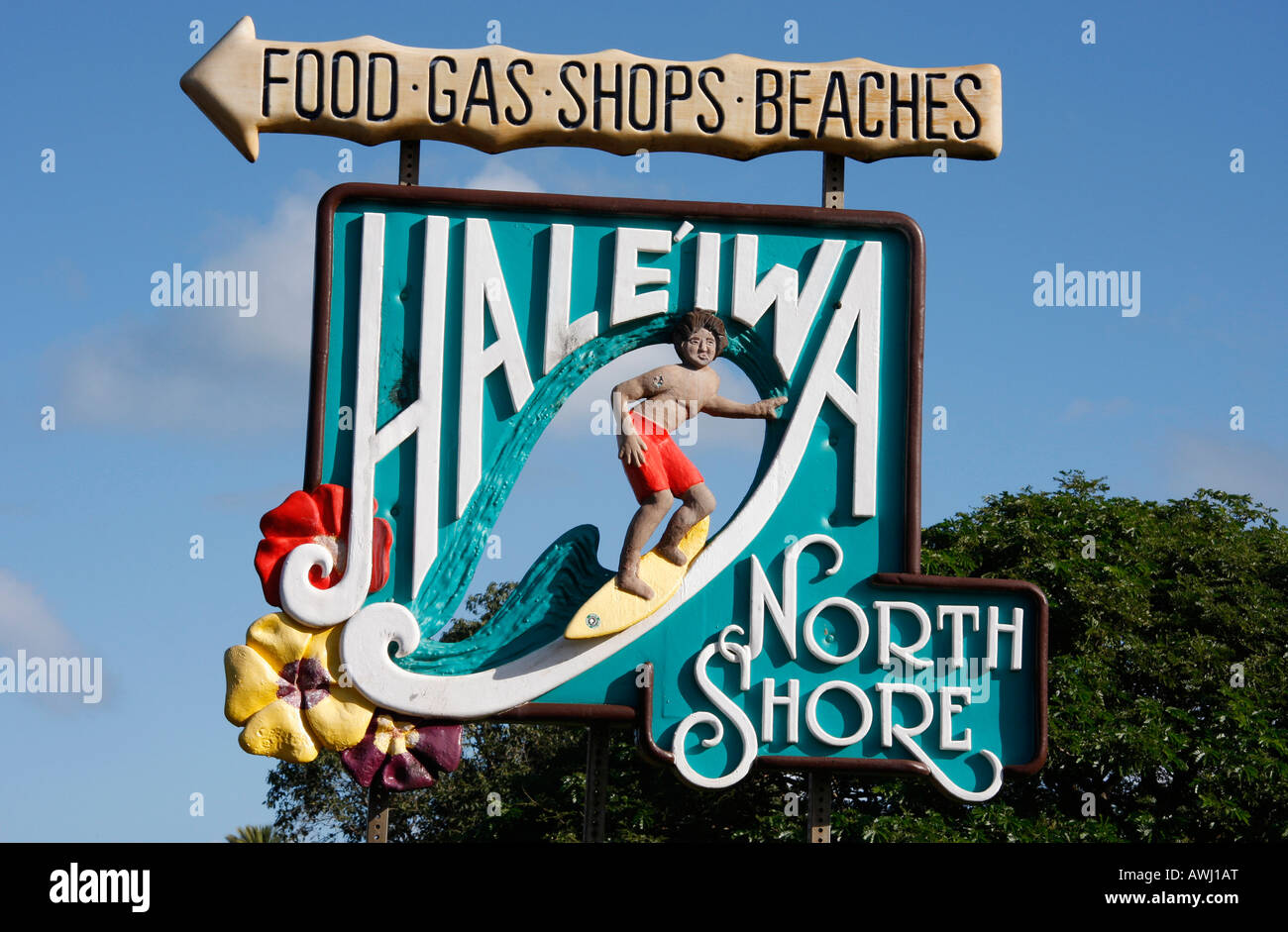 ROADSIDE SIGN FOR THE NORTH SHORE TOWN OF HALEIWA ON OAHU ISLAND ...