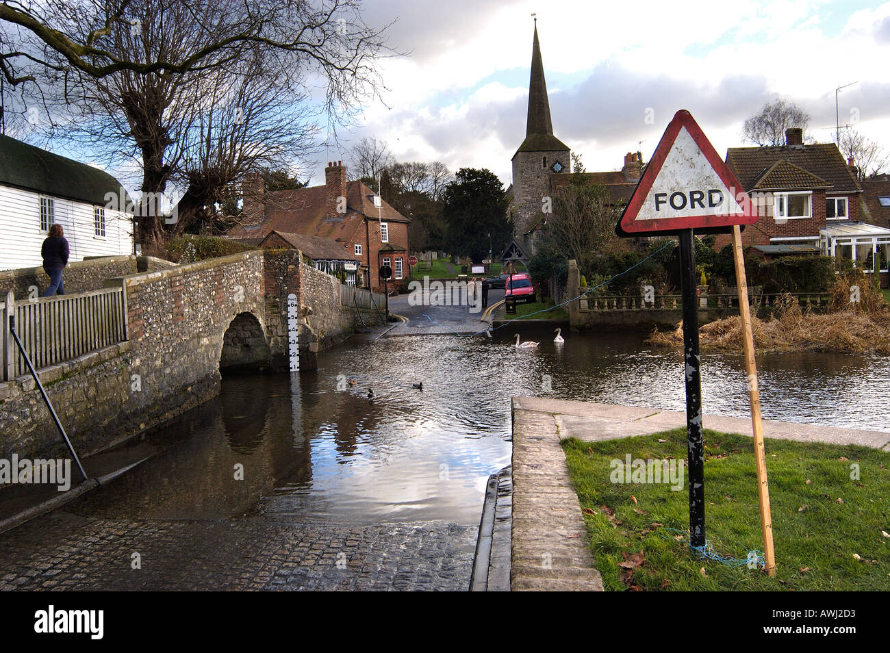 Ford crossing the River Darent in English village of Eynsford Kent ...