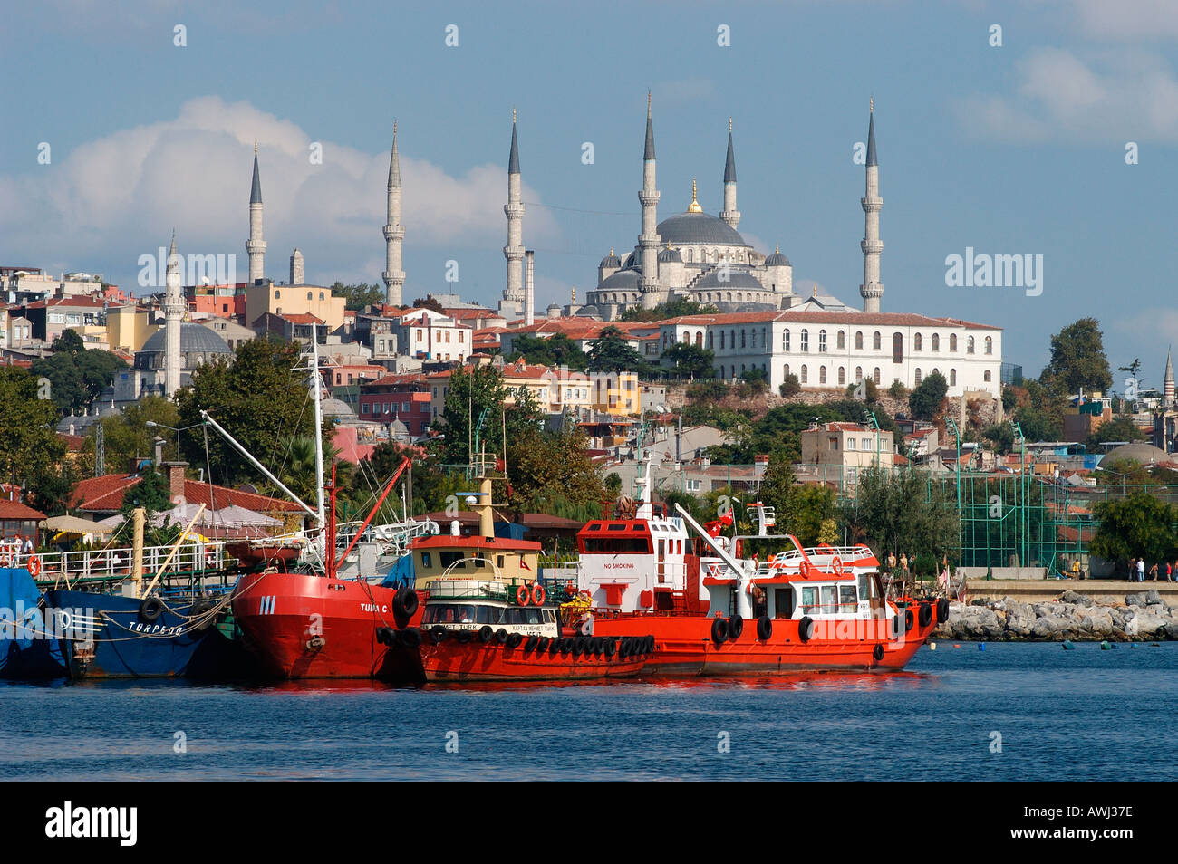 fishing boats harbour Blue Mosque Istanbul harbour Istanbul Turkey ...