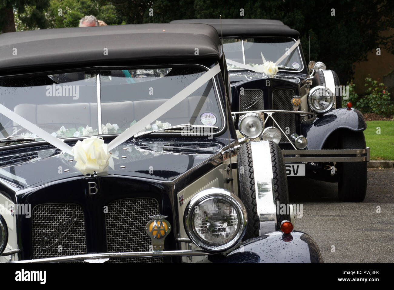 A pair of reproduction classic cars decked out for a wedding Stock ...
