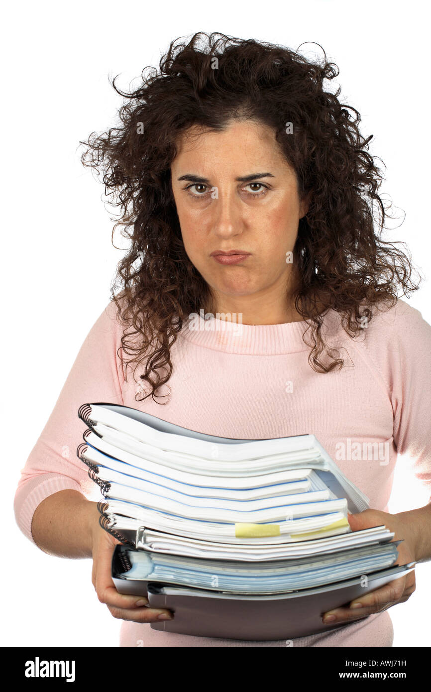 Busy business woman carrying stacked files over a white background ...