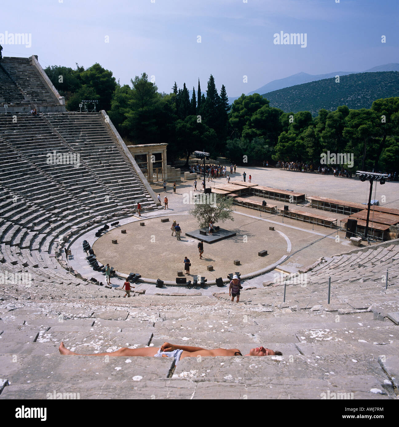 Man Sunbathing On the Ancient Theatre At Epidavros Peloponnese Greece ...