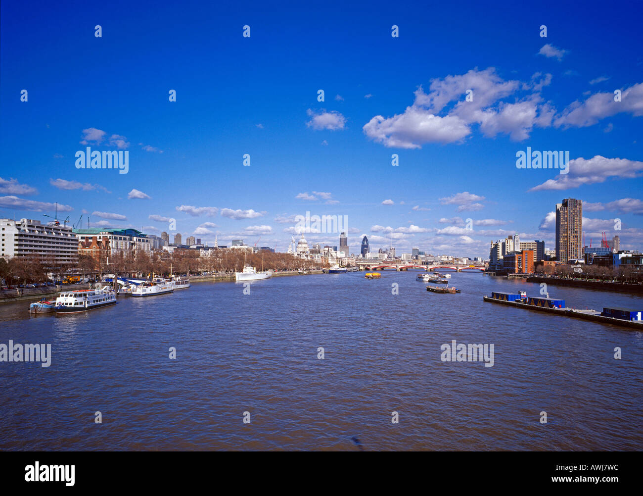 Panoramic view east along River Thames from Waterloo Bridge with ...