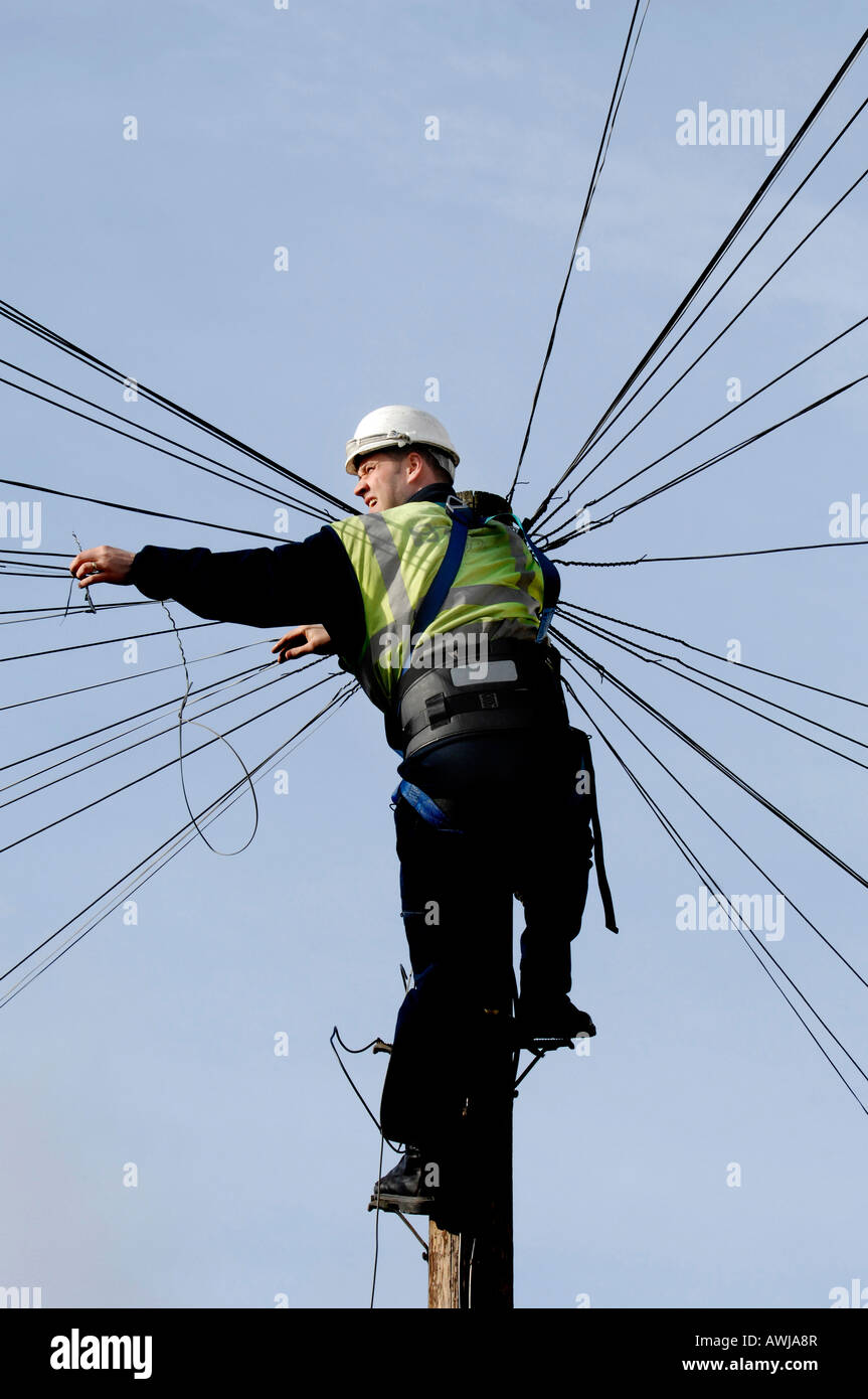 a bt engineer fixing a mass of phone lines Stock Photo - Alamy