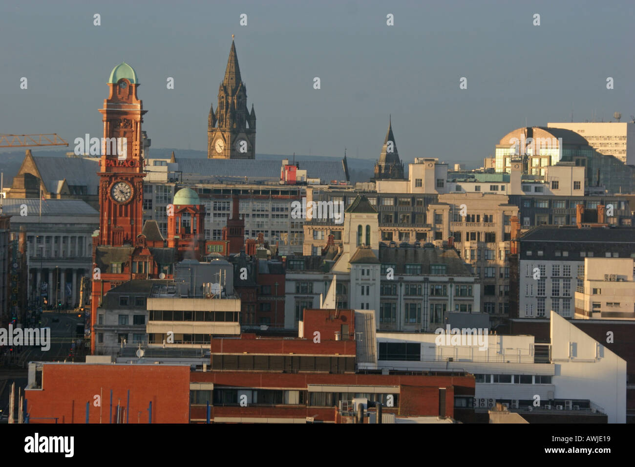 Aerial view of Manchester town centre showing clock towers of Refuge ...