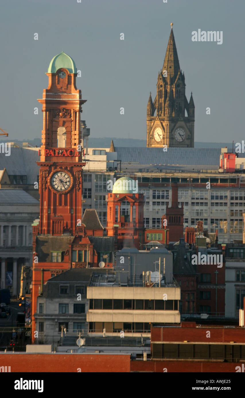 Aerial view of Manchester town centre showing clock towers of Refuge ...