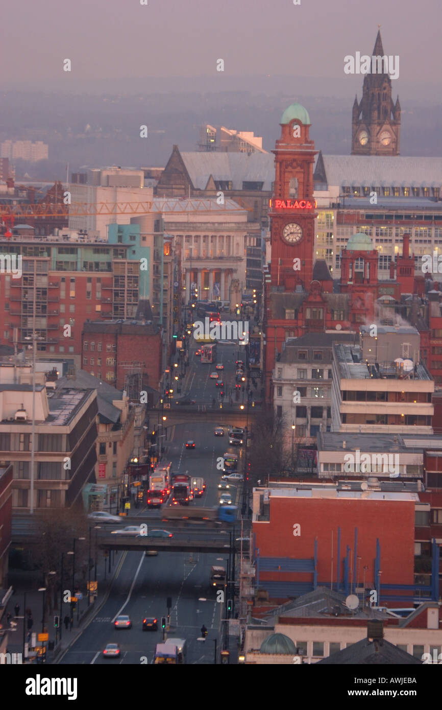 Aerial view north up Oxford Road towards Manchester city centre UK ...