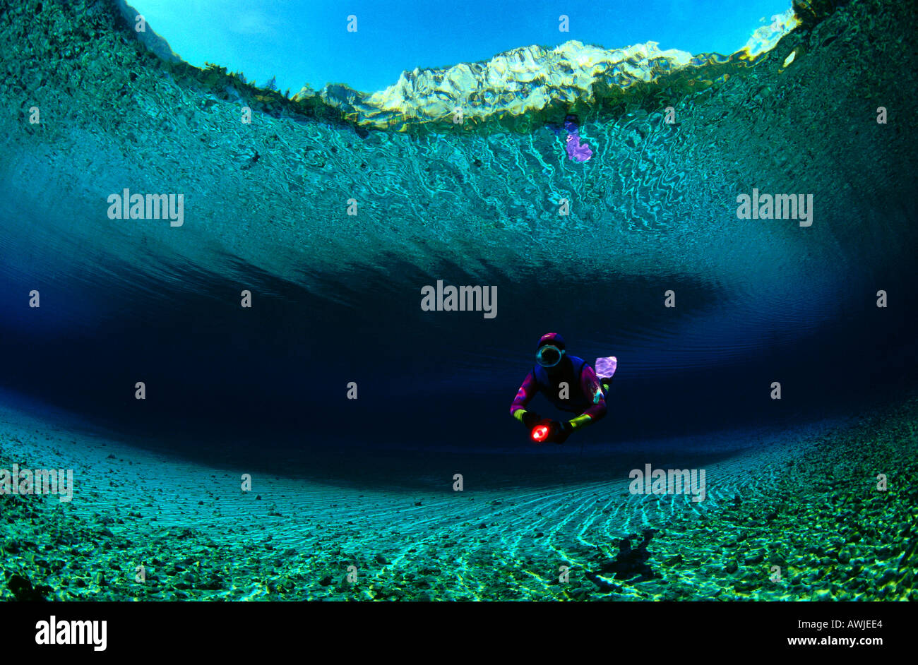 Diver underwater with mountain in background, Alpine Lake, Austria ...
