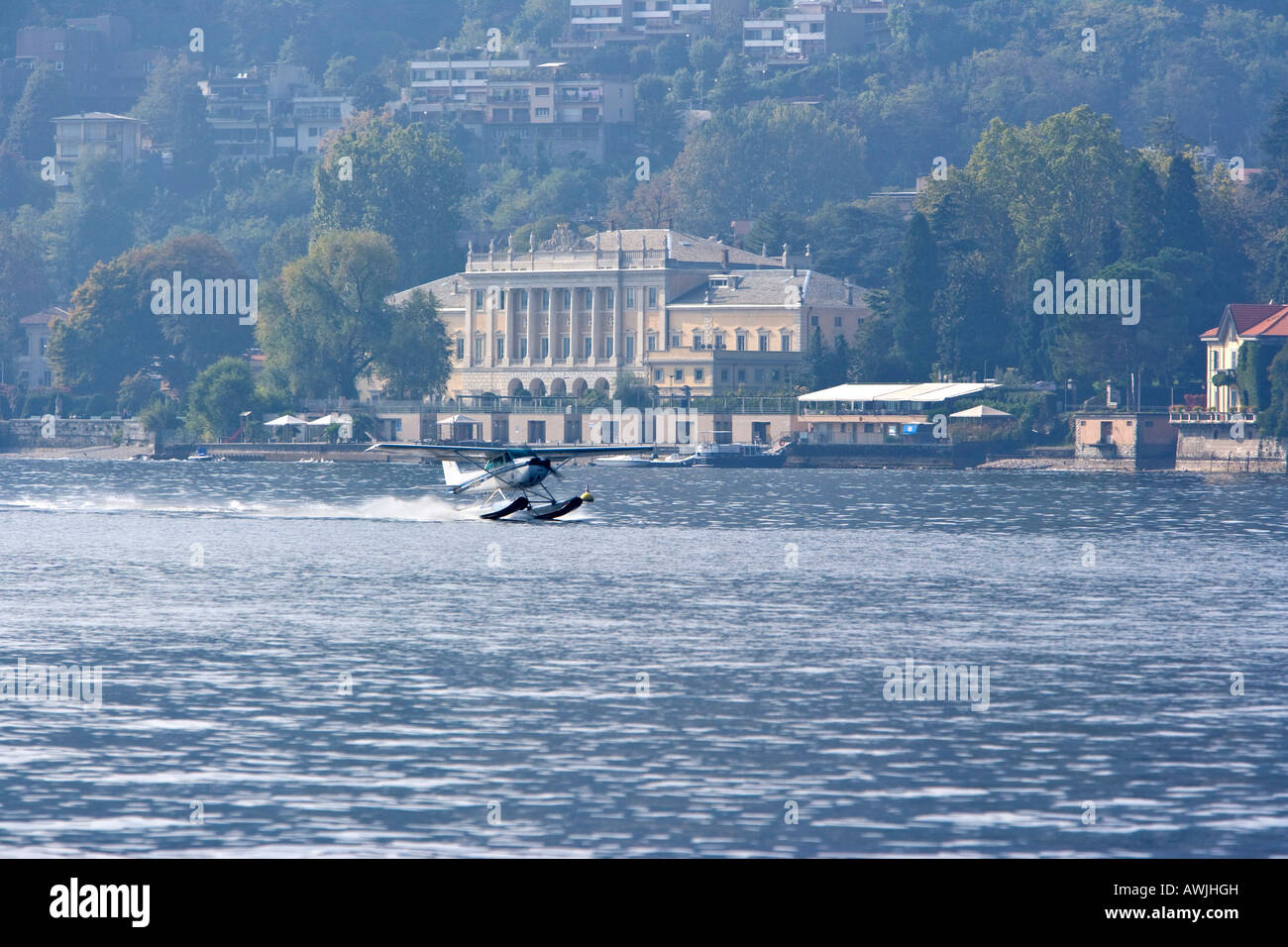 Cessna water plane with floats takes off from Lake Como Italy Stock ...