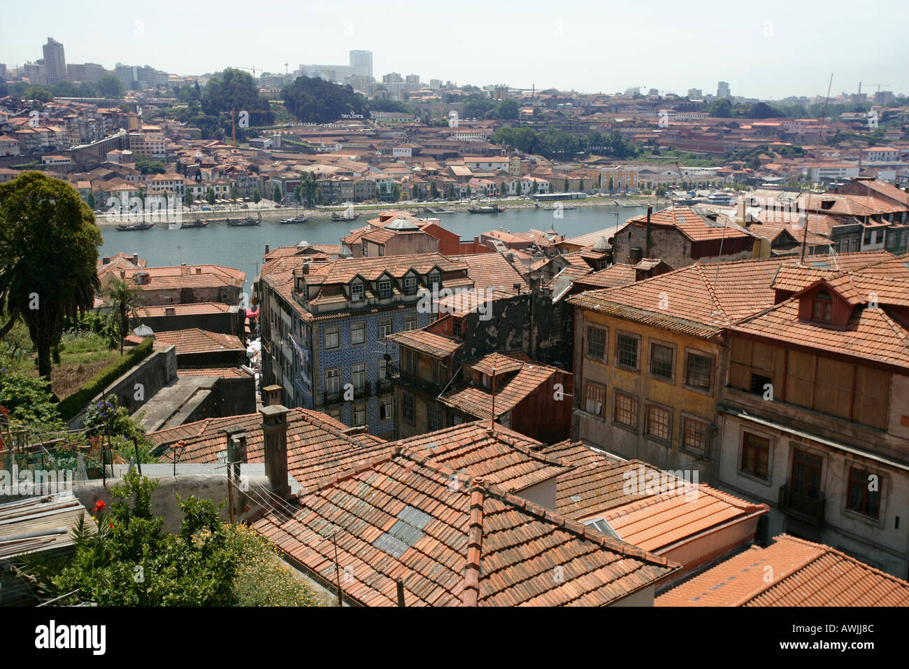 Narrow cobbled lanes and red spanish tiled rooftops of Porto Portugal ...
