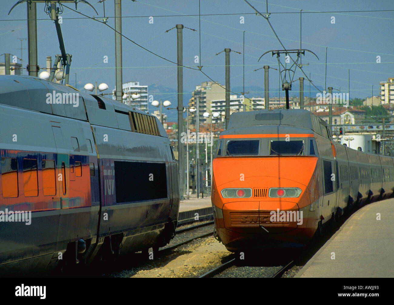 Modern trains at station Stock Photo - Alamy