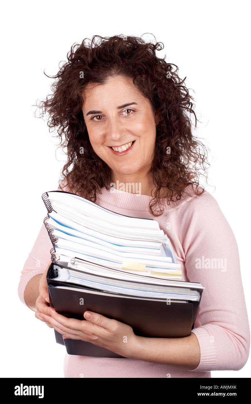 Busy business woman carrying stacked files over a white background ...