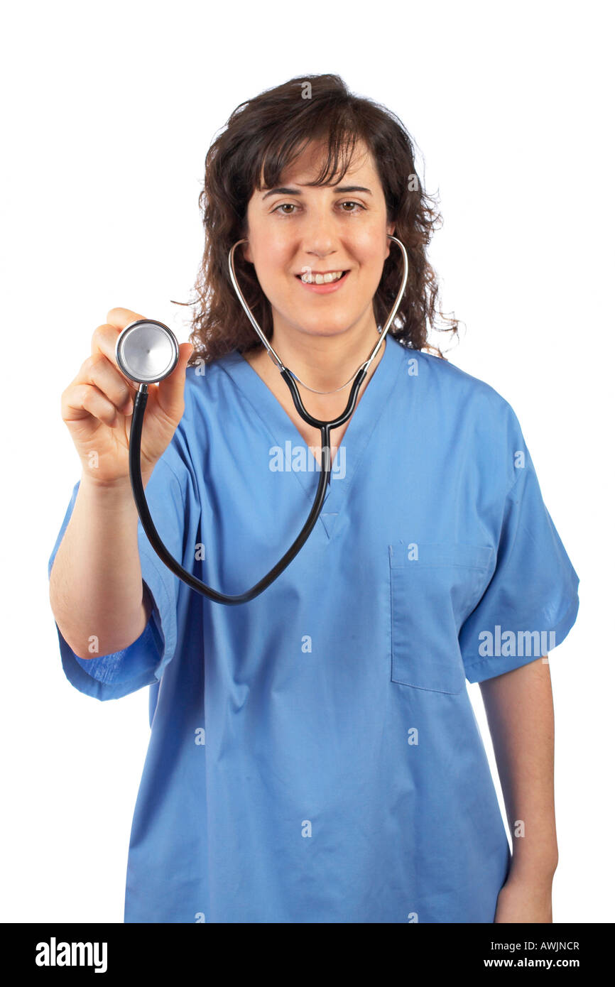 Friendly female doctor in blue scrubs with stethoscope on white ...
