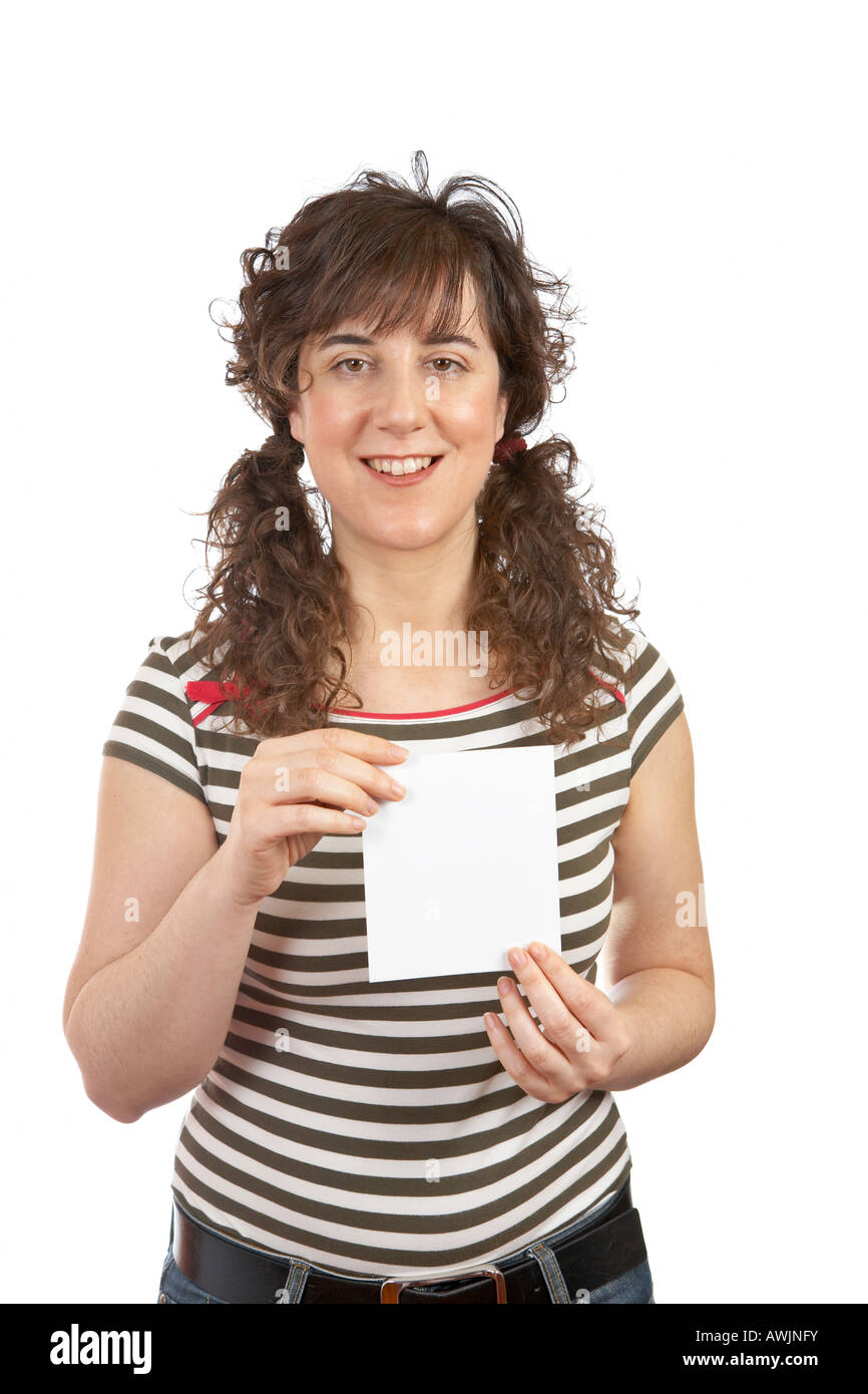 Casual woman holding one blank card over a white background Stock Photo ...