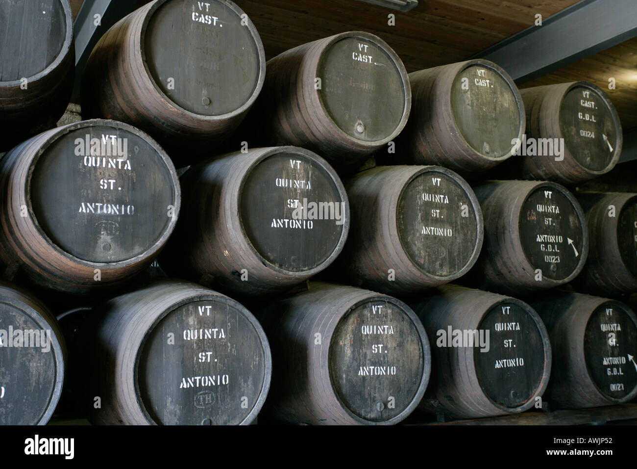 Casks containing fermenting port wine in a storage room in one of the ...