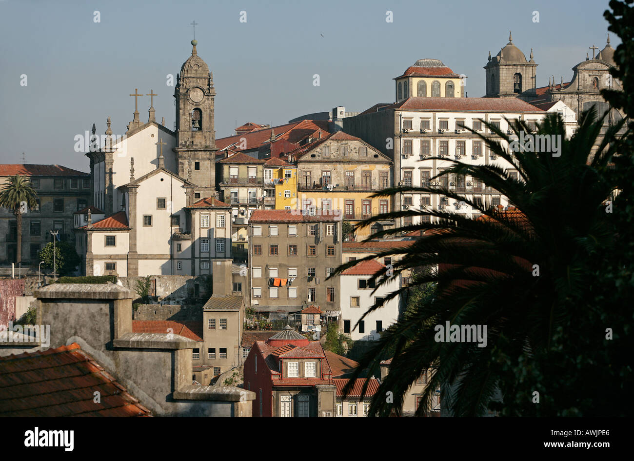 Churches houses buildings apartments built on a steep hillside in Porto ...